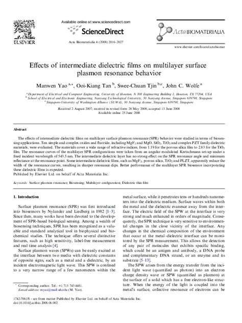 Pdf Effects Of Intermediate Dielectric Films On Multilayer Surface Plasmon Resonance Behavior