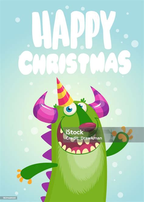 재미있는 얼굴 표정을 가진 만화 행복한 괴물 메리 크리스마스 파티 초대장 또는 포스터 새해 휴일 디자인입니다 벡터 일러스트 레이 션 Bigfoot에 대한 스톡 벡터 아트 및