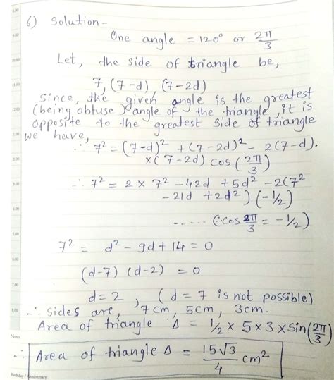 "In a triangle, the larger side is 7 and one of the angle is ( 120 ^ { circ } ) with the sides ...