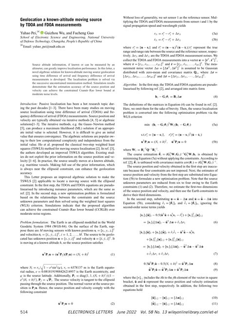 Pdf Geolocation A Known‐altitude Moving Source By Tdoa And Fdoa