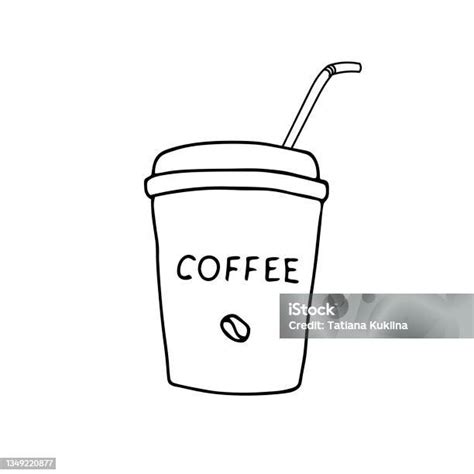 플라스틱 뚜껑과 튜브가 있는 종이 컵에 커피의 검은 손 그리기 그림과 함께 커피 귀여운에 대한 스톡 벡터 아트 및 기타 이미지