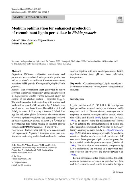 Medium Optimization For Enhanced Production Of Recombinant Lignin Peroxidase In Pichia Pastoris
