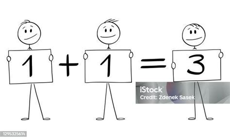 하나의 플러스 하나를 들고 세 남자 또는 사업가의 벡터 만화 그림은 세 가지 징후와 동일합니다 팀워크 및 재무의 개념 스틱피겨에 대한 스톡 벡터 아트 및 기타 이미지