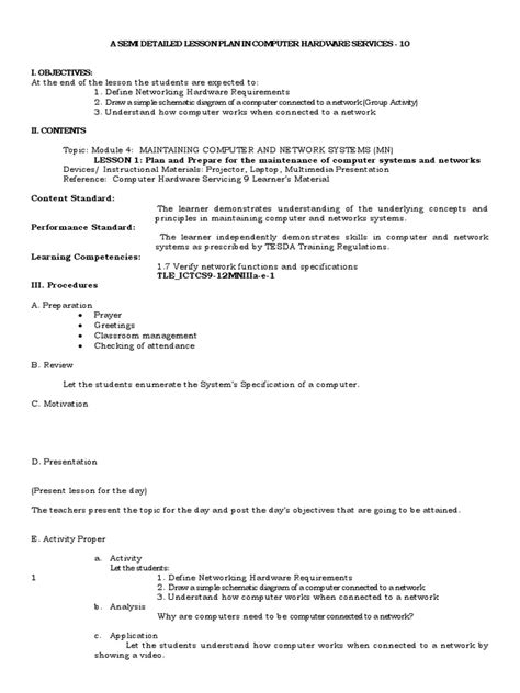 A Semi Detailed Lesson Plan In Computer Hardware Services 10 Pdf Computer Network Lesson