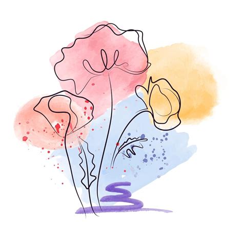 양귀비 꽃 미니멀리스트 컨투어 드로잉 한 줄 연속 라인 아트 수채화 물감 보라색 파란색 디자인 로고 장식 프리미엄 벡터