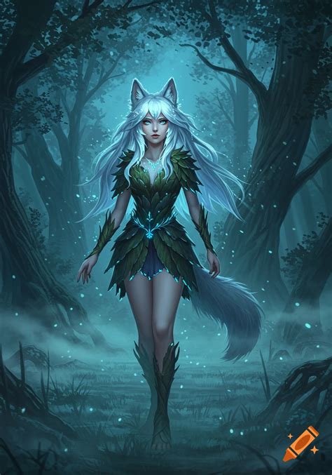 An Anime Wolf Girl With White Hair And A Leaf Dress Walks Through A