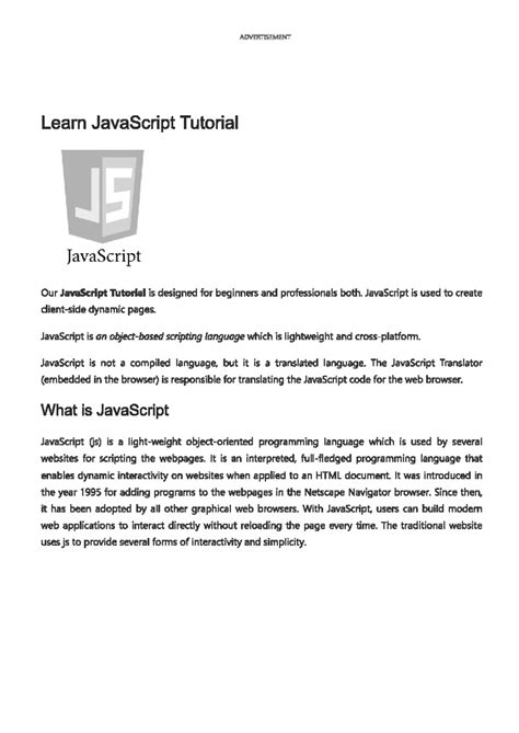 1 Introduction Introduction To Javascript Advertisement Learn Javascript Tutorial Javascript