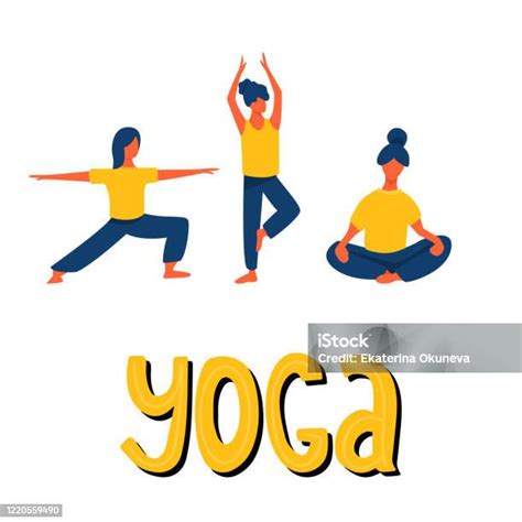 여자 스트레칭 과 일을 요가 벡터 플랫 일러스트 와 손으로 그린 글자 요가 스튜디오 활동적인 레크리에이션 건강한 라이프 스타일