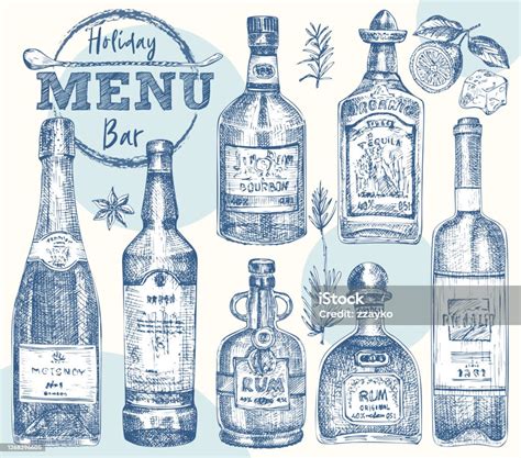 세트 병 위스키 럼 샴팡 와인 데킬라 빈티지 손으로 그린 스케치 디자인 바 레스토랑 카페 메뉴 사실적인 인그레이빙 스타일 크리에이티브 템플릿 전단지 배너 포스터 그래픽 아트