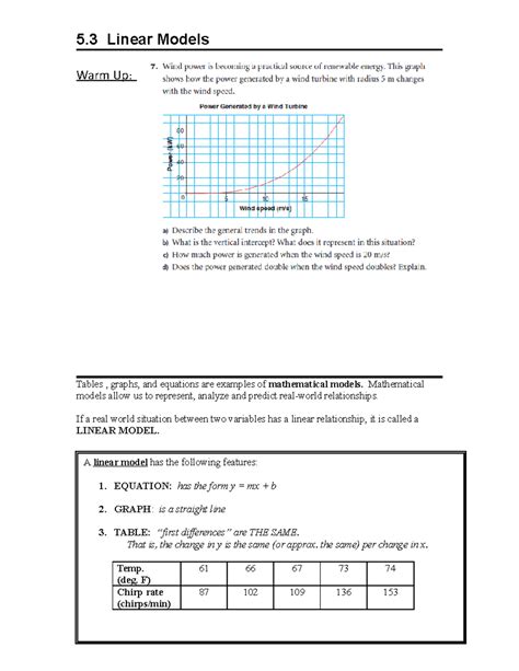 Linear Models Practise Problems 5 Linear Models Warm Up Tables Graphs And Equations Are