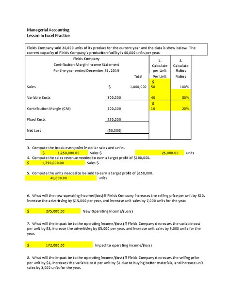 Managerial Acct Lesson In Excel Managerial Accounting Lesson In
