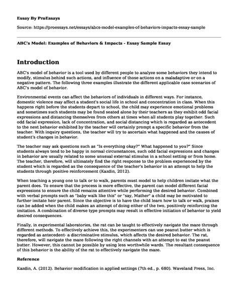 📗 Abcs Model Examples Of Behaviors And Impacts Essay Sample Free