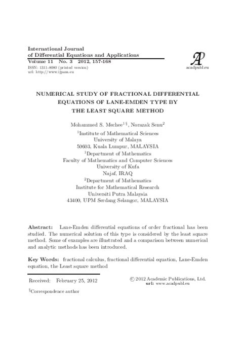 Pdf Numerical Solutions Of Fractional Differential Equations Of Lane Emden Type By An Accurate