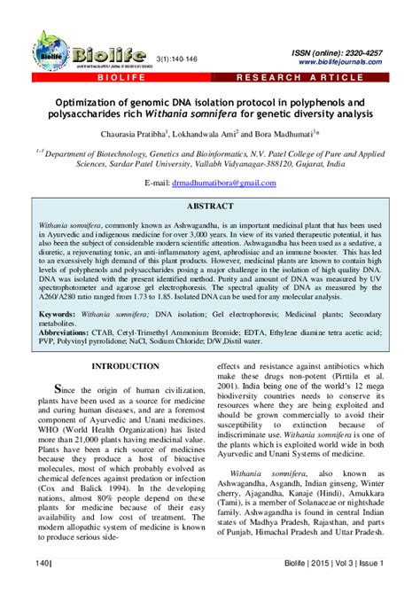 Pdf Optimization Of Genomic Dna Isolation Protocol In Polyphenols And Polysaccharides Rich