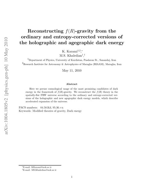Pdf Reconstructing F R Modified Gravity From Ordinary And Entropy Corrected Versions Of The