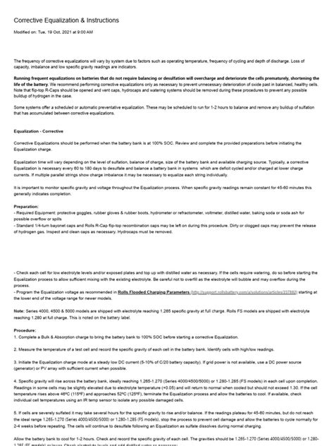 Corrective Equalization And Instructions Rolls Battery Technical Support Pdf Physical