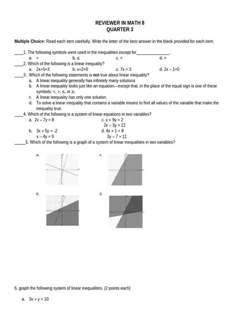 Math 8 reviewer-Q3 | PDF | Inequality (Mathematics) | Mathematics
