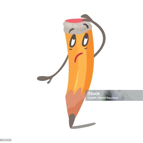 귀여운 만화 생각 Humanized 연필 긁는 그의 머리 문자 벡터 일러스트 레이 션 귀여운에 대한 스톡 벡터 아트 및 기타