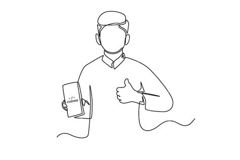 Premium Vector Continuous One Line Drawing Happy Programmer Hold Code