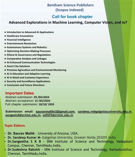 Dr Sandeep Kumar M On Linkedin Call For Book Chapter Advanced Explorations In Machine
