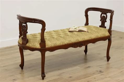 French Vintage Carved Mahogany Tufted Hall Boudoir Bench