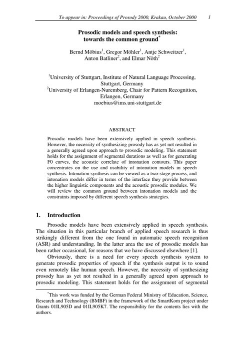 PDF Prosodic Models And Speech Synthesis Towards The Common Ground