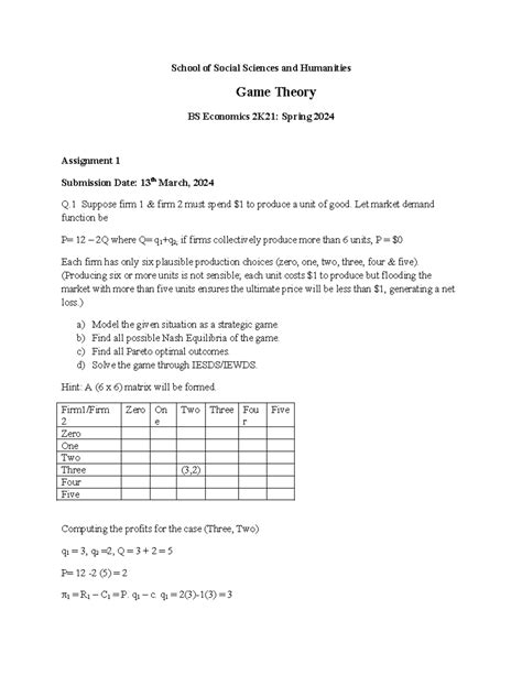 Question For Game Theory School Of Social Sciences And Humanities Game Theory BS Economics