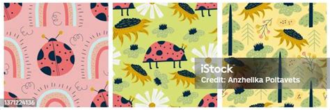 꽃 무당벌레 무지개와 봄 패턴의 스칸디나비아 세트 곤충과 해바라기와 원활한 패턴 벡터 일러스트 디자인 여름 꽃 스칸디나비아 보육 프린트 디자인 0명에 대한 스톡 벡터 아트