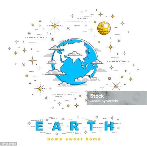 별 혜성 소행성 및 기타 요소로 둘러싸인 공간에서 행성 지구 끝 없는 우주에 있는 작은 땅 얇은 라인 3d 벡터 일러스트 레이