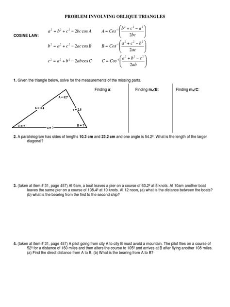 Word Problems In Oblique Triangles Cosine Law