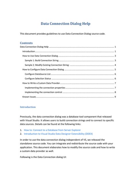 Data Connection Dialog Help Source Code Guide