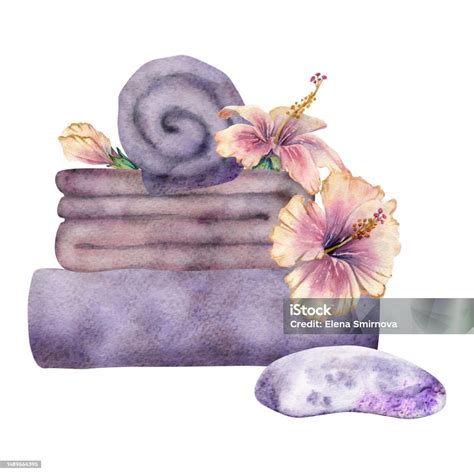손으로 그린 수채화 스파 스킨케어 수건 목욕 미용 제품 패키지 수평 구성 흰색 배경에 격리되어 있습니다 벽 예술 웰빙 리조트 인쇄 직물 표지 카드 소책자 디자인 개인