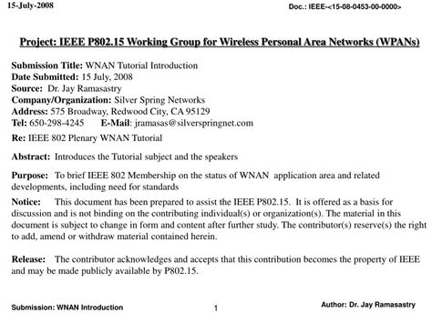 Ppt Project Ieee P80215 Working Group For Wireless Personal Area Networks Wpans Submission