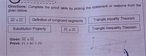 Solved Diractions Complete The Proof Table By Picking The Statement Or Reasons From The Given