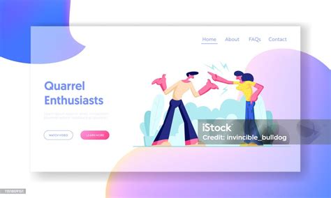 공격적인 남자와 여자 싸움과 서로에 게 맹세 남편과 아내 추문 관계 화가 사람들 싸움 웹사이트 방문 페이지 웹 페이지 만화 평면