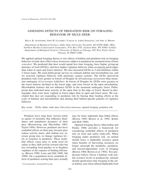 Pdf Assessing Effects Of Predation Risk On Foraging Behavior Of Mule Deer