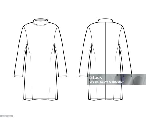 스탠드 어웨이 칼라 긴 소매 오버사이즈 무릎 길이가 있는 튜닉 스웨터 테크니컬 패션 일러스트 플랫 겸손 0명에 대한 스톡 벡터 아트 및 기타 이미지 Istock