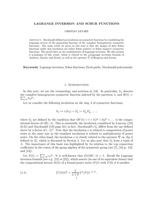 Pdf Lagrange Inversion And Schur Functions