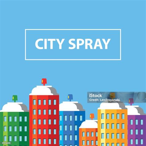 스프레이 페인트 배너의 도시 건물입니다 에 어로 졸은 고층 빌딩 같은 캔 평면 스타일 벡터 일러스트입니다 배경 주제에 대한 스톡 벡터 아트 및 기타 이미지 Istock
