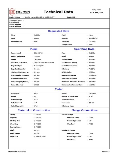 Data Sheet Ecw 100 400 Pdf Pump Manufactured Goods