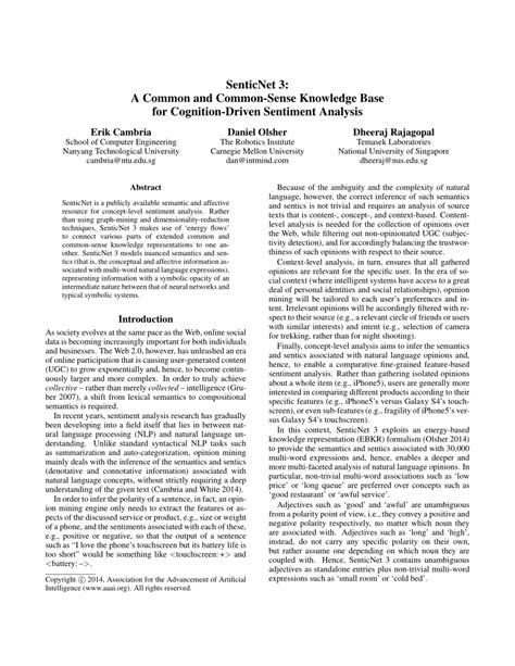 Pdf Senticnet 3 A Common And Common Sense Knowledge Base For Cognition Driven Sentiment Analysis