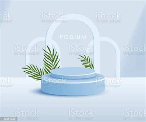 3d 제품 연단과 야자수 잎이 있는 현대적인 하늘색 색상의 받침대 0명에 대한 스톡 벡터 아트 및 기타 이미지 0명 3차원 형태 강단 Istock