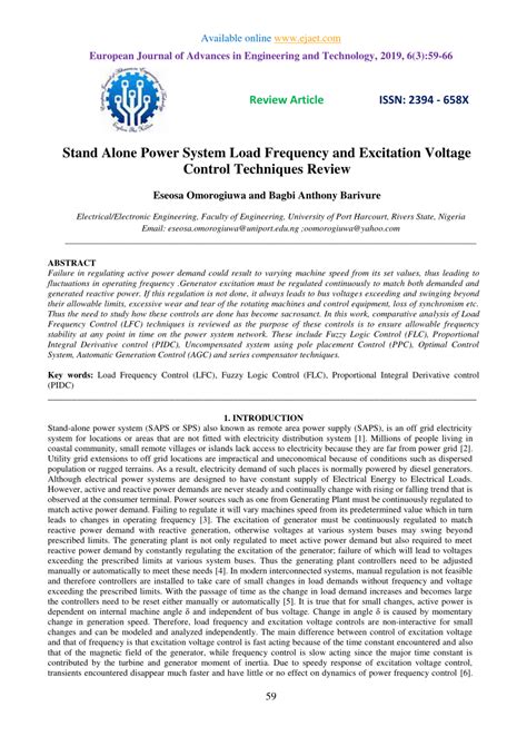 Pdf Stand Alone Power System Load Frequency And Excitation Voltage Control Techniques Review