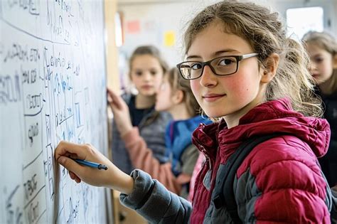Smiling Schoolgirl Solving Math Problem On Whiteboard In Classroom Premium Ai Generated Image