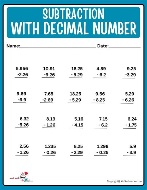 Printable Subtraction With Decimal Number Worksheet Free Download