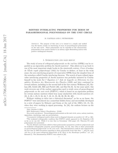 Pdf Refined Interlacing Properties For Zeros Of Paraorthogonal Polynomials On The Unit Circle