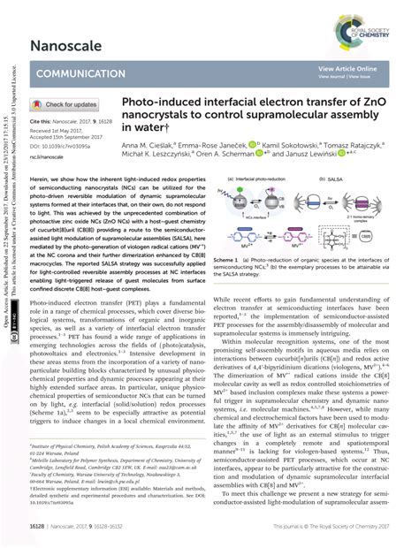Pdf Photo‑induced Interfacial Electron Transfer Of Zno Nanocrystals To Control Supramolecular
