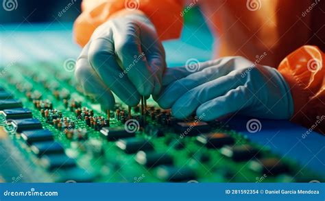 Assembling A Computer With Hands In The Factory Motherboard