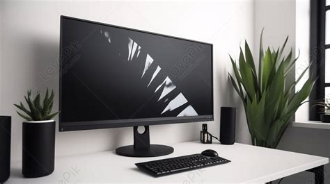 모형 렌더링을 클로즈업하여 3d 검정색 컴퓨터 화면을 보여주는 흰색 사무실 책상 감시 장치 배경 로즈 배경 노트북 컴퓨터