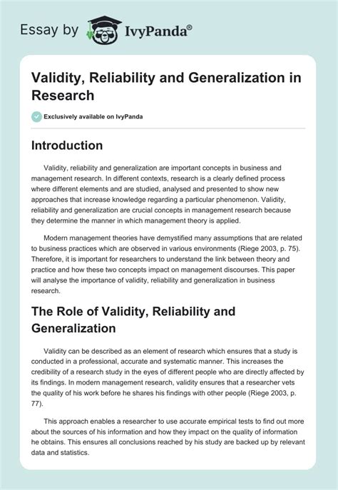 Validity Reliability And Generalization In Research 2889 Words Essay Example